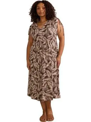 LIVE UNLIMITED Leaf Print Jersey Midi Dress With Drawstring Sleeves - Brown