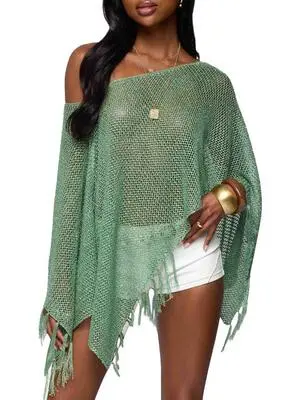 EDIKTED Sequin Fringe Knit Poncho - Green