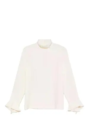 Alberto Biani High-Neck Bell-Sleeve Blouse Neutrals