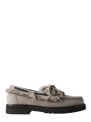 Brunello Cucinelli Bead-embellished Shearling-trimmed Suede Loafers - Gray