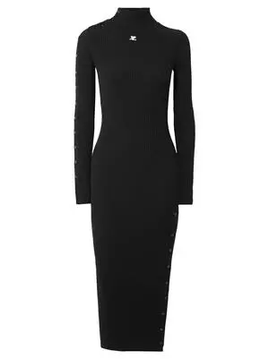 COURREGES Embroidered Ribbed-knit Midi Turtleneck Dress - Black