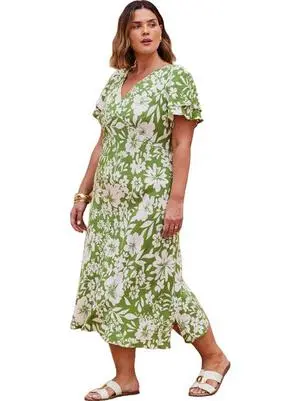 LIVE UNLIMITED Flutter Sleeve Floral Print Dress - Green