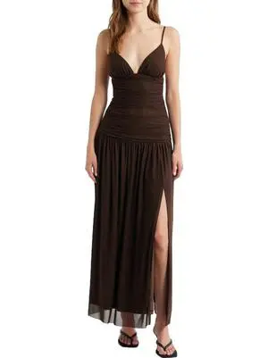 RARE LONDON Ruched Drop Waist Gown - Brown