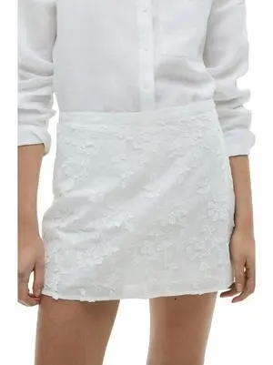 Mango Floral Embroidered Cotton Miniskirt - White