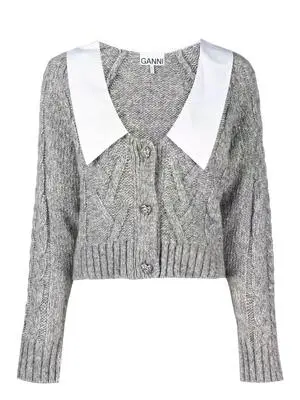 GANNI Contrasting-collar Cable-knit Cardigan - Grey