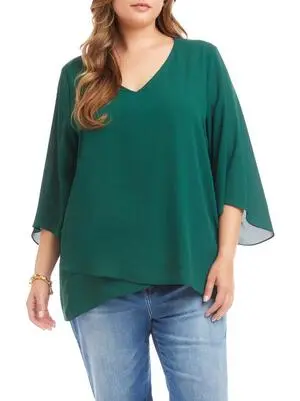 Karen Kane Asymmetric Crepe Top With Three-quarter Sleeves - Forest Green