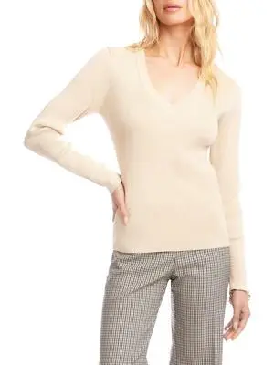 Karen Kane Ribbed V-neck Sweater - Antique Cream Beige