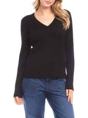 Karen Kane Ribbed V-Neck Sweater Black