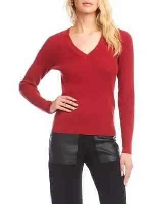 Karen Kane Ribbed V-neck Sweater - Tomato Red