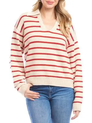 Karen Kane Striped Polo Sweater Tomato Red/black