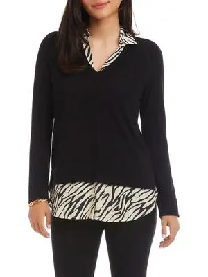 Karen Kane Mixed Media Layered Sweater - Black Zebra Print