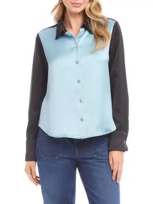 Karen Kane Colorblock Satin Button-up Shirt - Glacier Blue/black