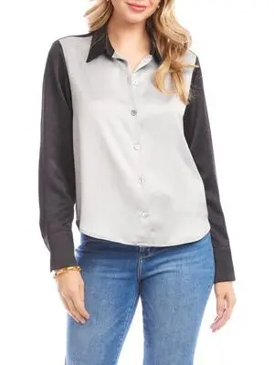 Karen Kane Colorblock Satin Button-up Shirt - Silver/black