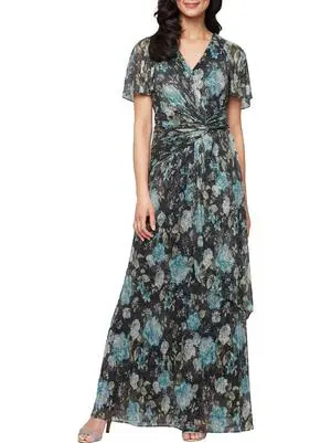SL FASHIONS Knot Front Flutter Sleeve Gown - Navy Multi