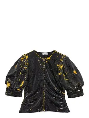 GANNI Sequinned Puff-sleeve Blouse - Black