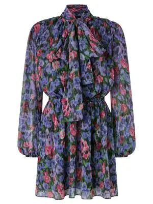 Pinko Floral-print Tie-neck Mini Dress - Purple