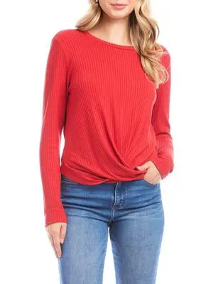 Karen Kane Rib Knit Twist Hem Top Tomato Red