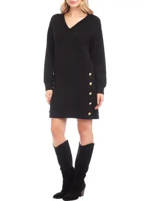 Karen Kane Button Detail Long Sleeve Shift Dress - Black