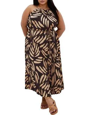 City Chic Pleated Tie Waist Maxi Dress - Taupe/blk