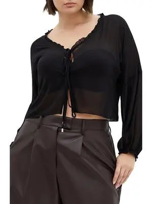 City Chic Ruffle Trim Tie Neck Sheer Top - Black