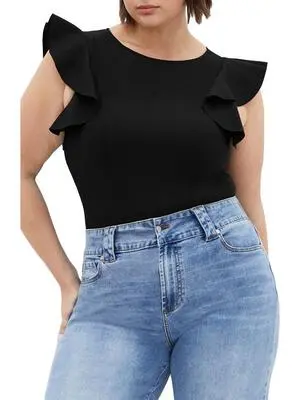 City Chic Daphne Ruffle Sleeve Bodysuit Black
