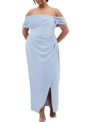 City Chic Paloma Off-the-shoulder Satin Maxi Dress - Dusty Blue