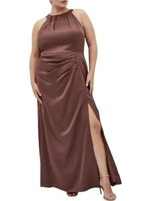 City Chic Celina Halter Neck Satin Maxi Dress - Rasin
