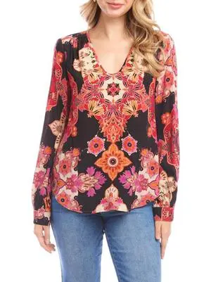 Karen Kane Medallion Floral Crepe Top - Red Print