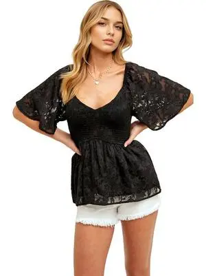 KNIT & LOUNGE Textured Chiffon Peplum Top Black