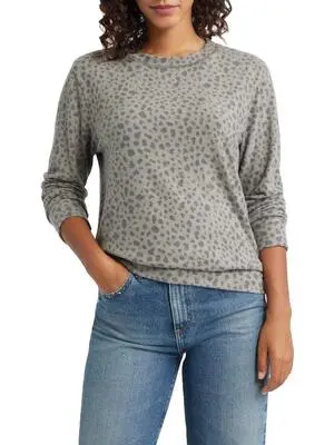 Loveappella Brushed Animal Print Long Sleeve Crewneck Top - Olive/charcoal