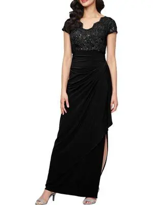 Alex Evenings Sequin Embroidered Ruched Gown - Black