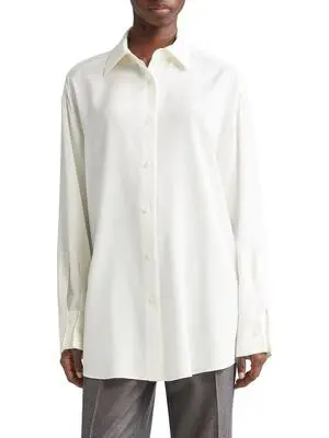 Lafayette 148 New York Oversized Point Collar Stretch Silk Shirt - Cloud