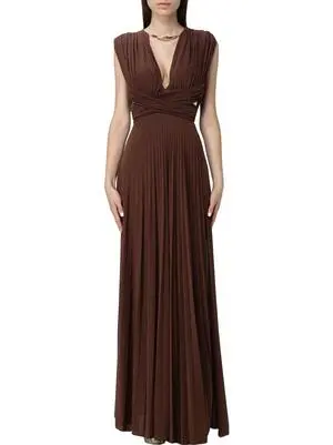 Elisabetta Franchi Pleated Maxi Dress With Plunge Neckline - Brown