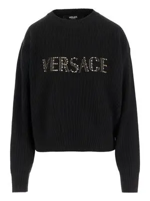 Versace Ribbed Wool Sweater With Studs - Black