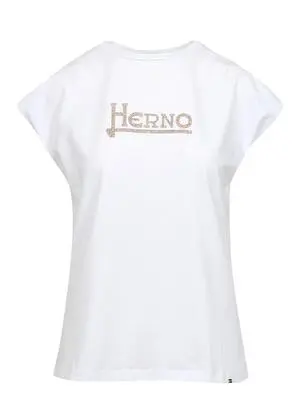 Herno T-shirt With Rhinestone Logo - Bianco+marrone