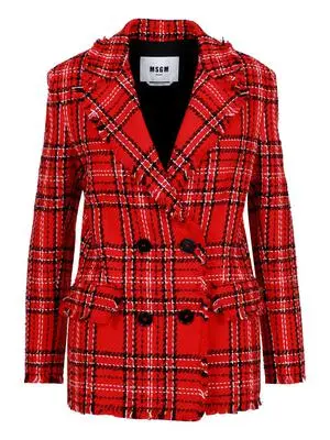MSGM Cotton Tweed Tartan Double-breasted Blazer - Red
