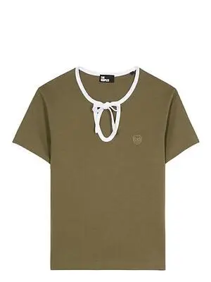 The Kooples Logo-embroidered Tie-neck Cotton T-shirt - Kaki