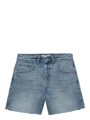 Mango Button Fly Fray Hem Denim Shorts - Medium Blue