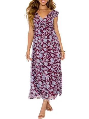VICI Floral Ruffle Maxi Dress - Burgundy Blue Floral
