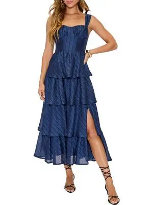 VICI Ladder Stitch Detail Tiered Dress - Navy