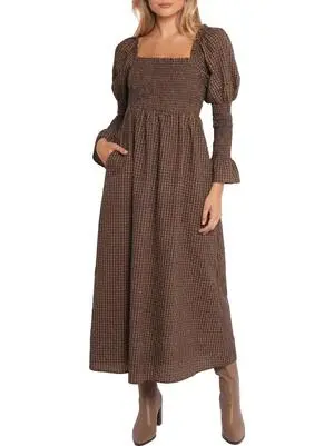 PETAL & PUP Cyrena Long Sleeve Fit & Flare Maxi Dress - Brown Check