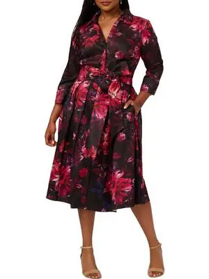 Adrianna Papell Printed Taffeta Shirtdress - Black Multi