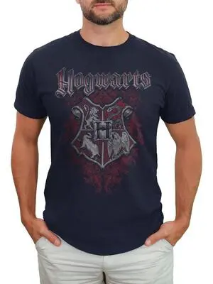 HARRY POTTER Vintage Artistic Crest Graphic T-shirt - Navy Blue