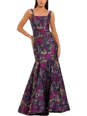 Mac Duggal Brocade Sleeveless Scoop Neck Trumpet Gown - Midnight Multi
