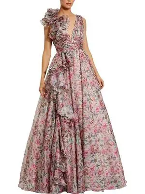 Mac Duggal Ruffle Shoulder V-neck Printed Chiffon Gown - Pink Multi