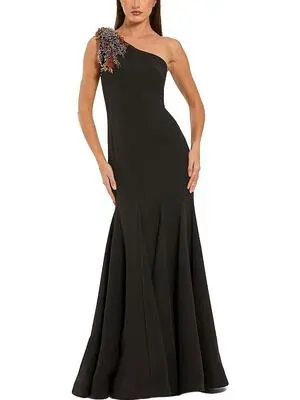 Mac Duggal Crepe One-shoulder Beaded Mermaid Gown - Black Multi