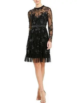 Mac Duggal Sheer Embellished Midi Dress - Black