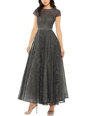 Mac Duggal Embellished Cap Sleeve A-Line Dress Graphite