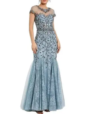 Mac Duggal Sheer Embellished Mermaid Gown - Slate Blue