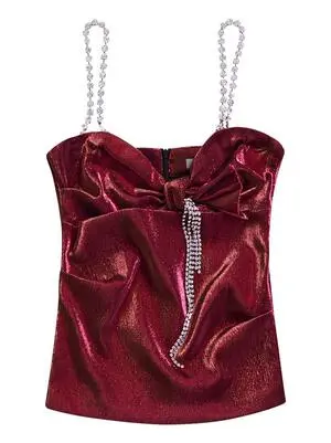 AREA Crystal Embellished Stretch Lamé Top Red